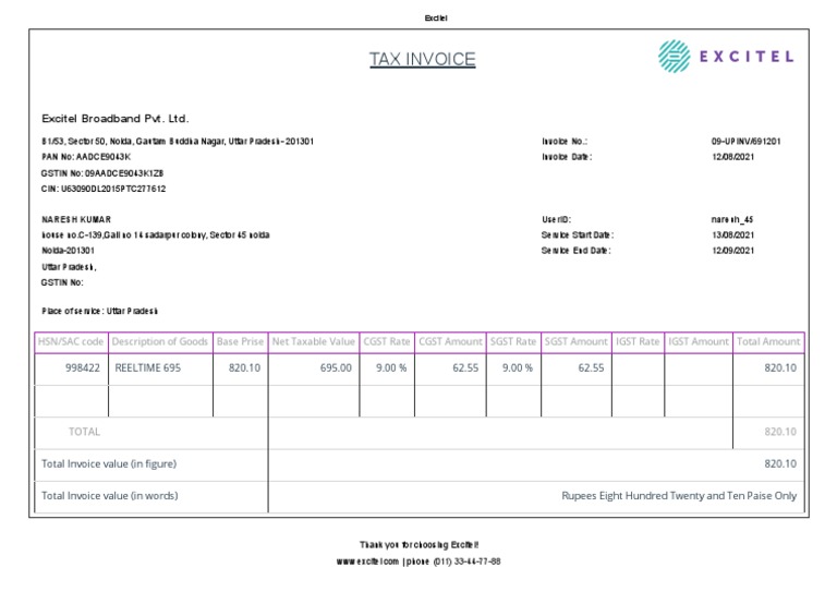 Tax Invoice: Excitel Broadband Pvt. LTD | PDF