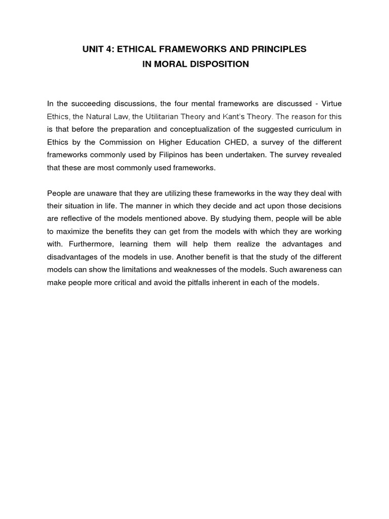 Unit 4: Ethical Frameworks and Principles in Moral Disposition | PDF ...