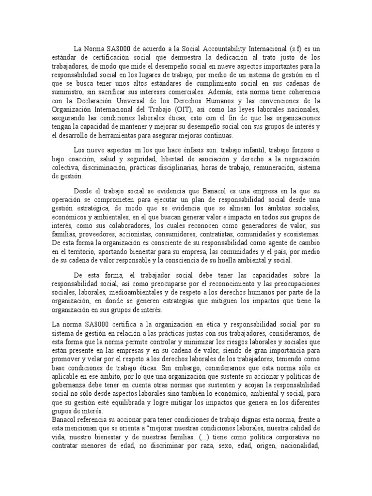 La Norma SA8000 de Acuerdo A La Social Accountability Internacional ...