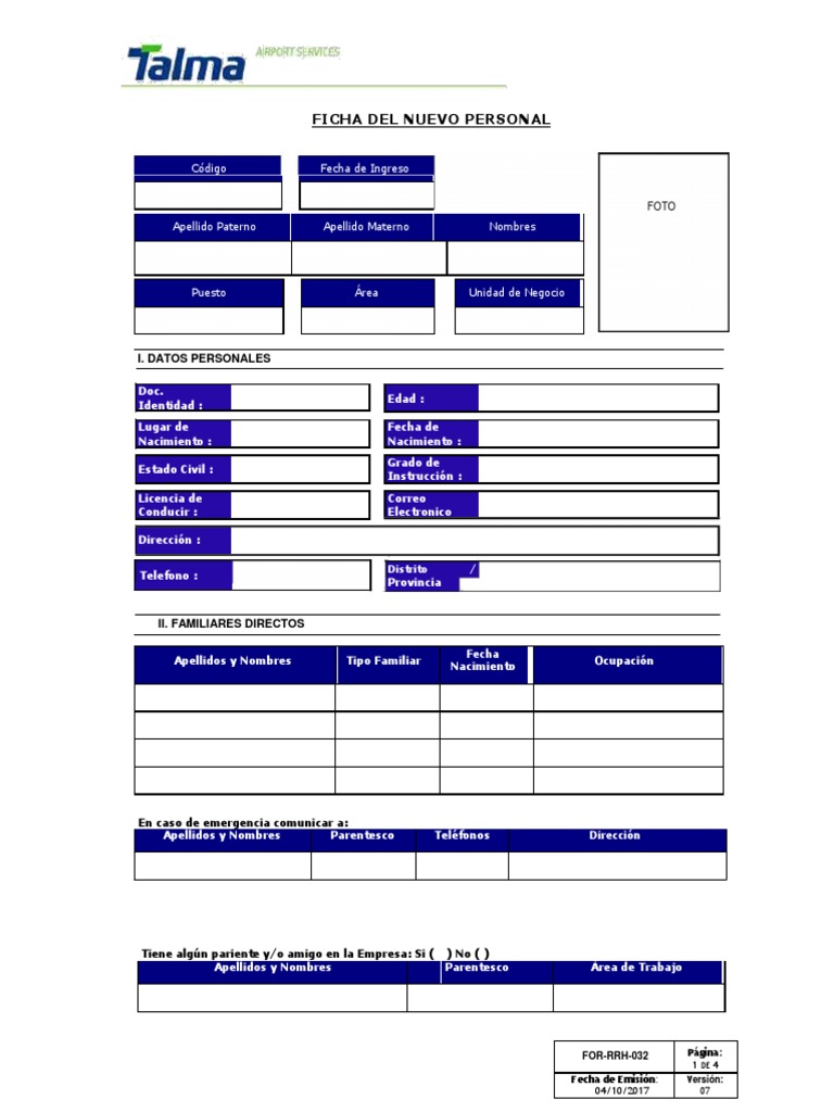 Ficha de Nuevo Personal Talma | PDF | Pensión