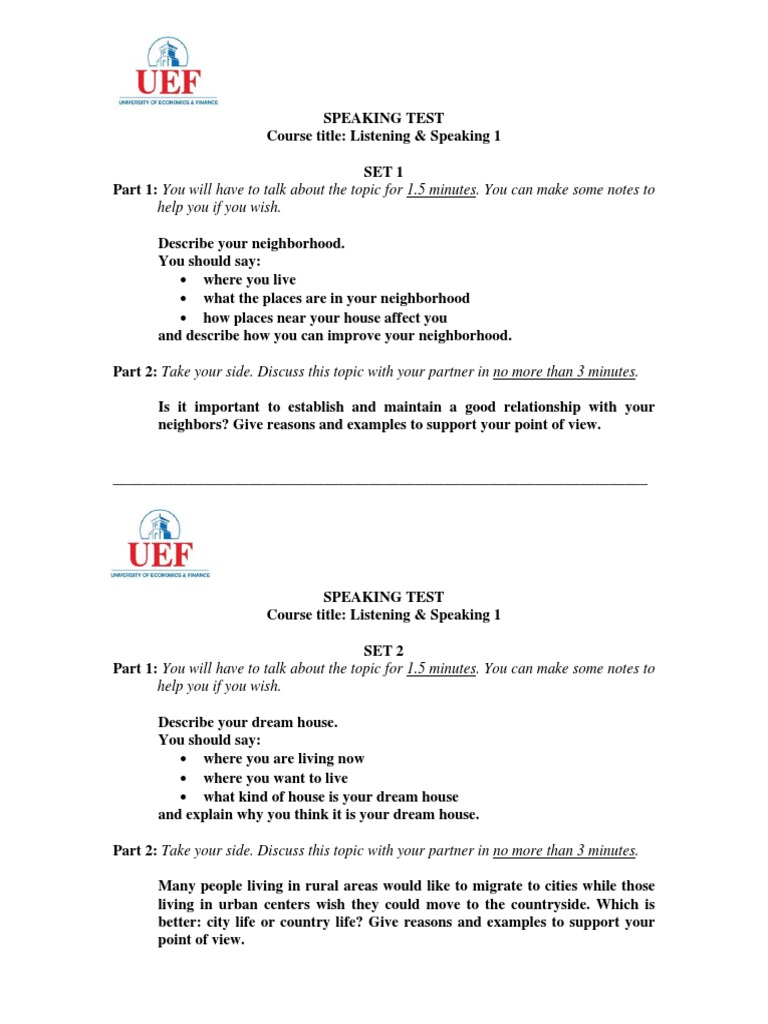 Listening & Speaking 1 - Test Sets | PDF | Cognition | Communication