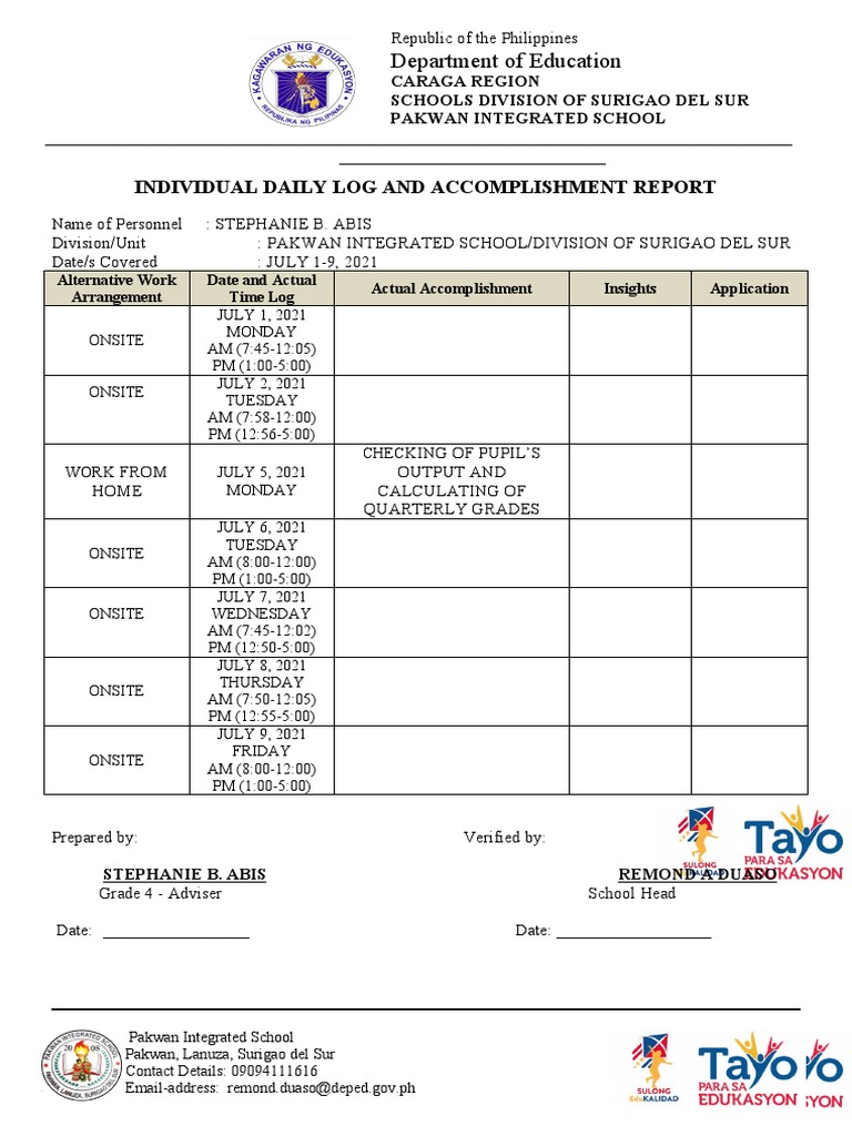 Individual Daily Log and Accomplishment Report: Department of Education ...