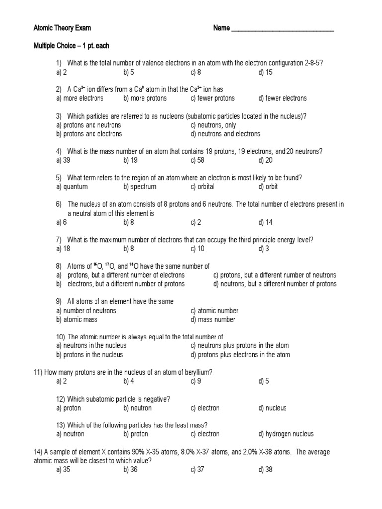 Practice Test - Atomic Theory Oct 2007 | PDF | Atoms | Proton