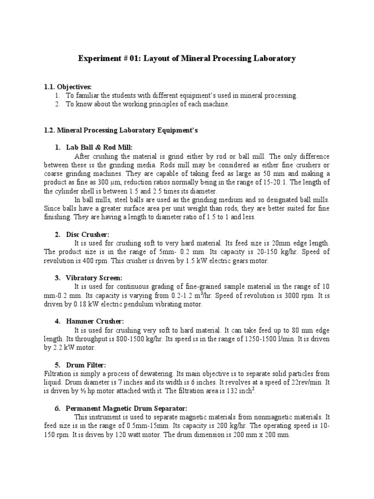 Experiment 01 Layout of Mineral Processing Laboratory | PDF | Mill ...