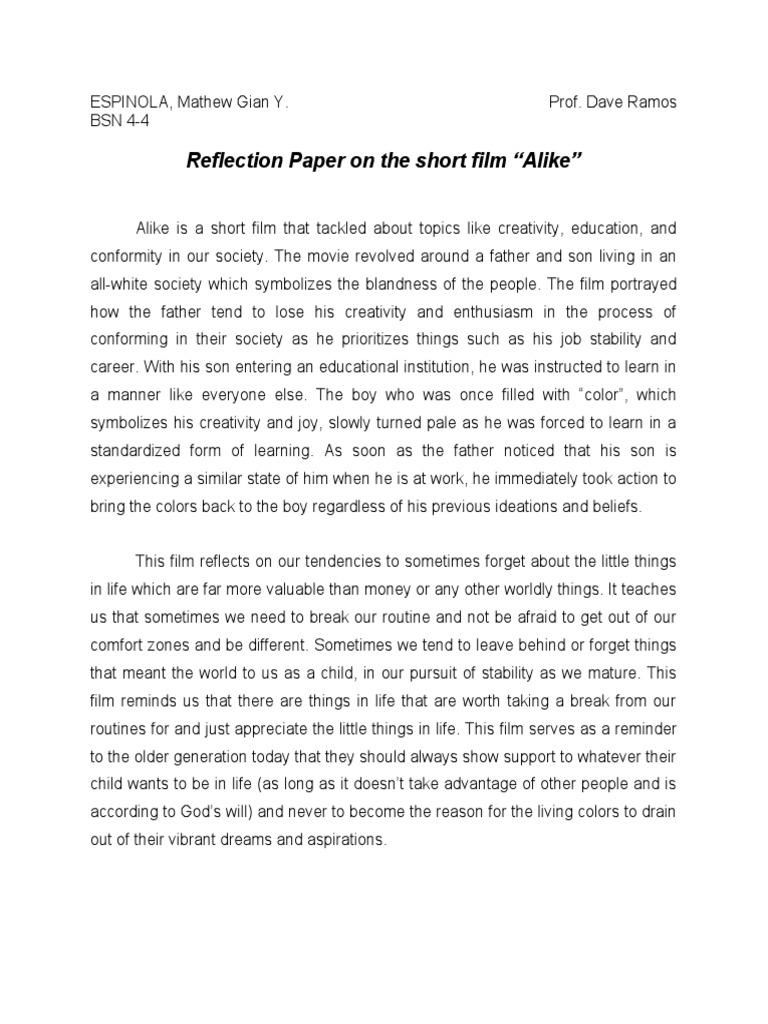 Reflection Paper On The Short Film "Alike" | PDF