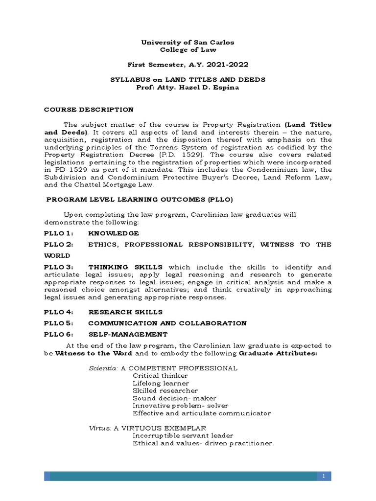 LTD Syllabus A.Y. 2021 2022 Usc | PDF | Title (Property) | Land Law