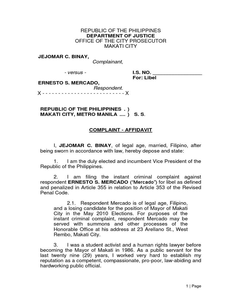 Complaint Affidavit Libel | Download Free PDF | Defamation | Public Sphere