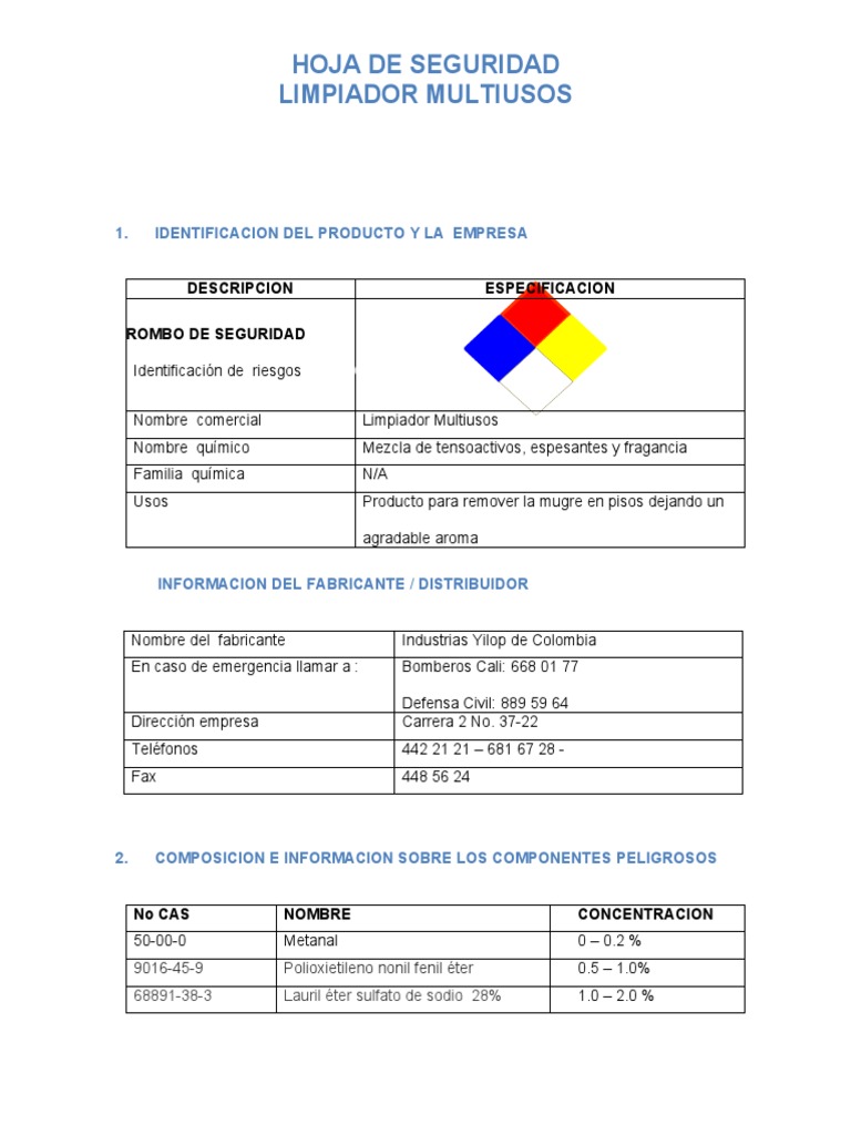 Hoja de Seguridad Limpiador Multiusos 2015 1 | PDF | Residuos | Toxicidad