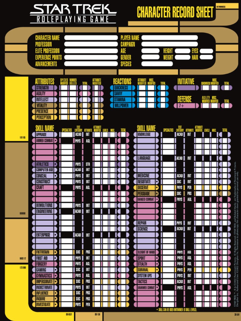 Star Trek RPG - Decipher - Character Sheet Front | PDF