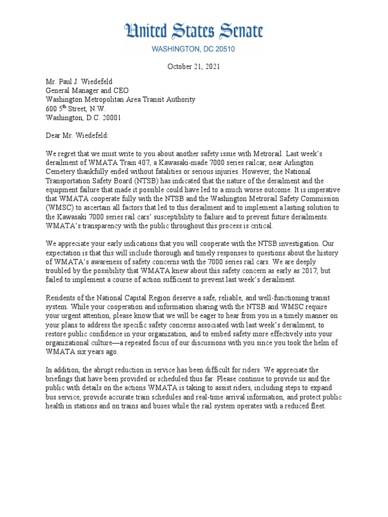 MD and VA Senators To WMATA CEO Paul Wiedefeld On Derailment | PDF ...