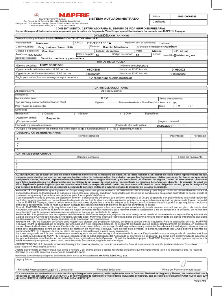 Formato Llenado Mapfre VIDA | PDF | Póliza de seguros | Seguro