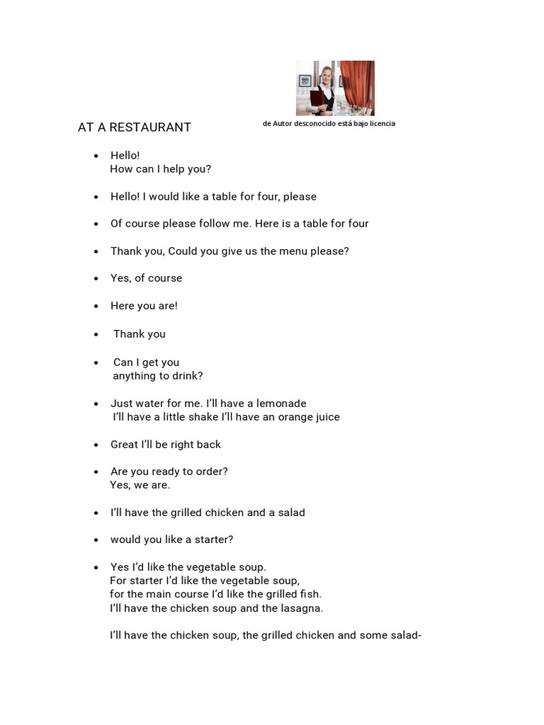 At A Restaurant Dialogue | PDF | Cuisine | Food And Drink