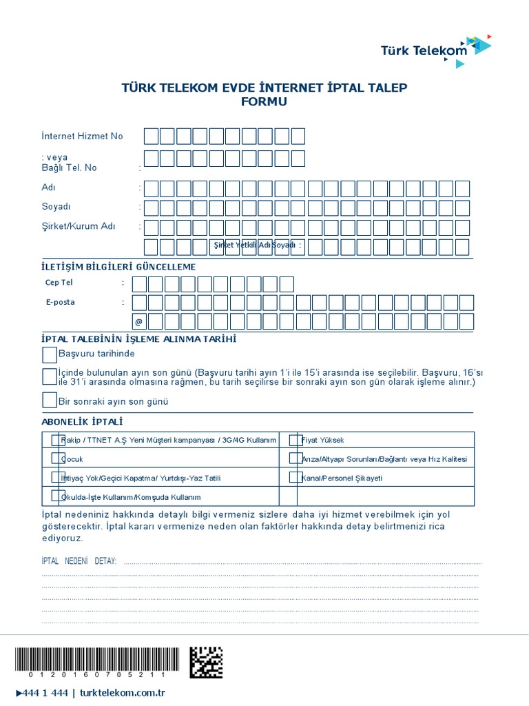 Turk Telekom Evde İnternet İptal Talep Formu | PDF