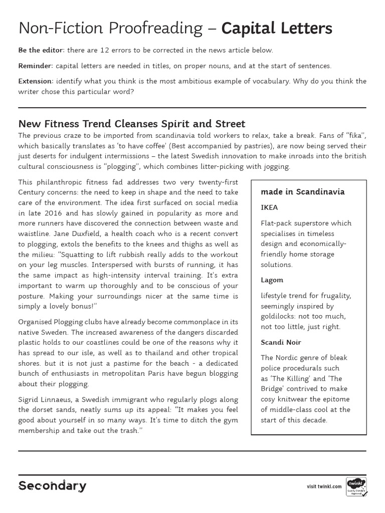 Plogging Proofreading Lower Ability Capital Letters Worksheet | PDF