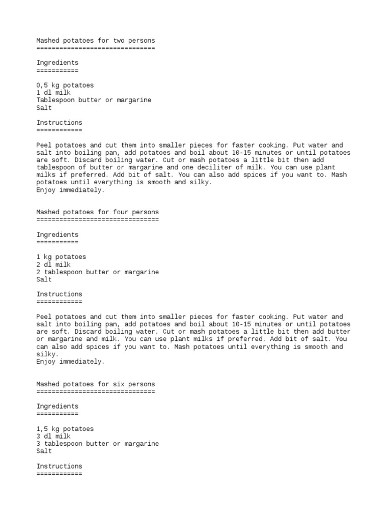 Mashed Potatoes Recipe | PDF | Potato | Butter