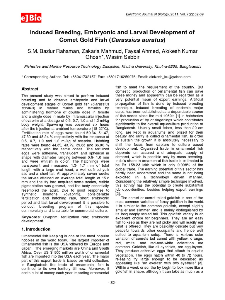 Induced Breeding Embryonic and Larval Development of Comet Gold Fish ...