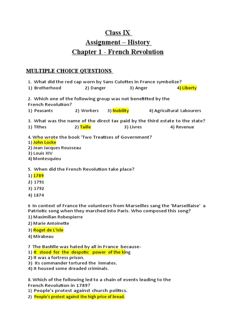 Class IX Assignment - History Chapter 1 - French Revolution: Multiple ...