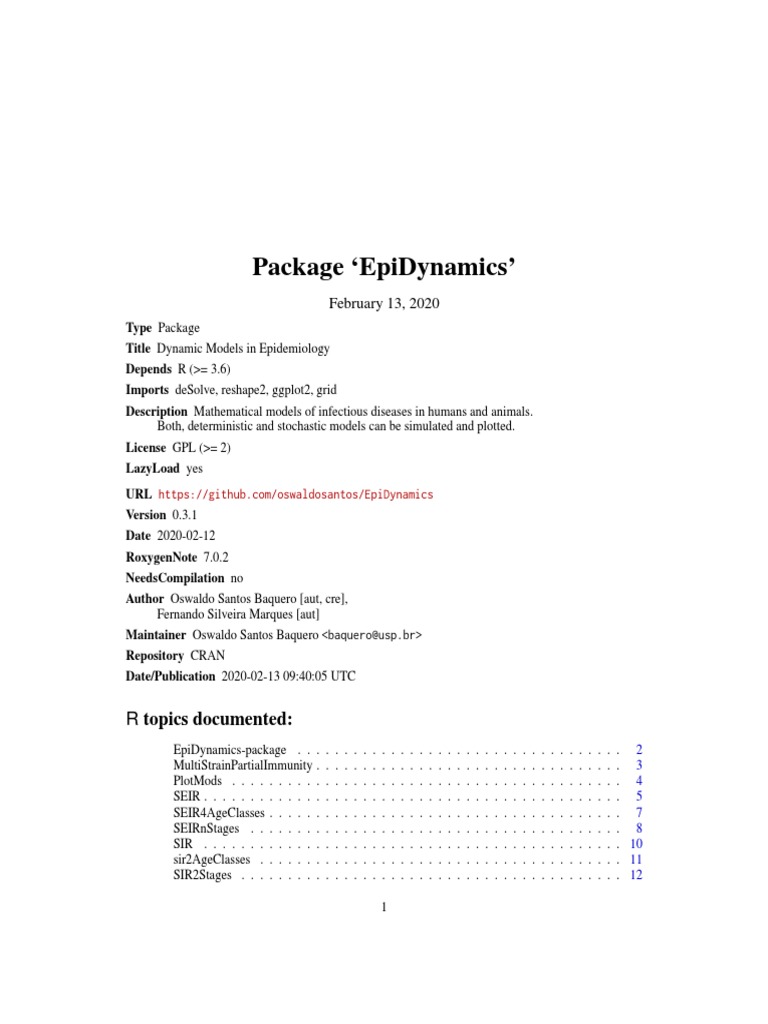 Package Epidynamics': R Topics Documented | PDF | Function (Mathematics) | Parameter (Computer ...
