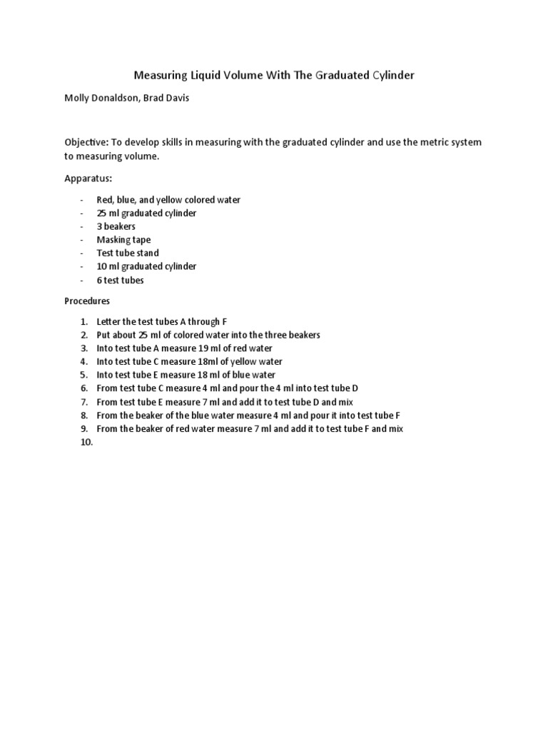 Measuring Liquid Volume With The Graduated Cylinder | PDF