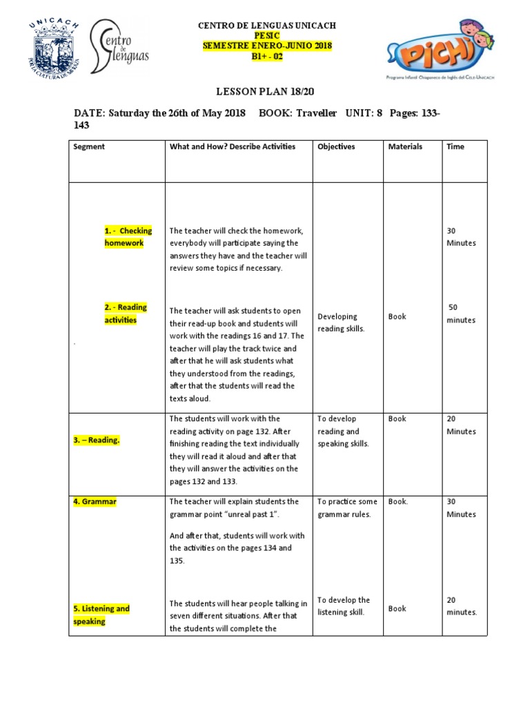 Lesson Plan 18/20 DATE: Saturday The 26th of May 2018 BOOK: Traveller ...