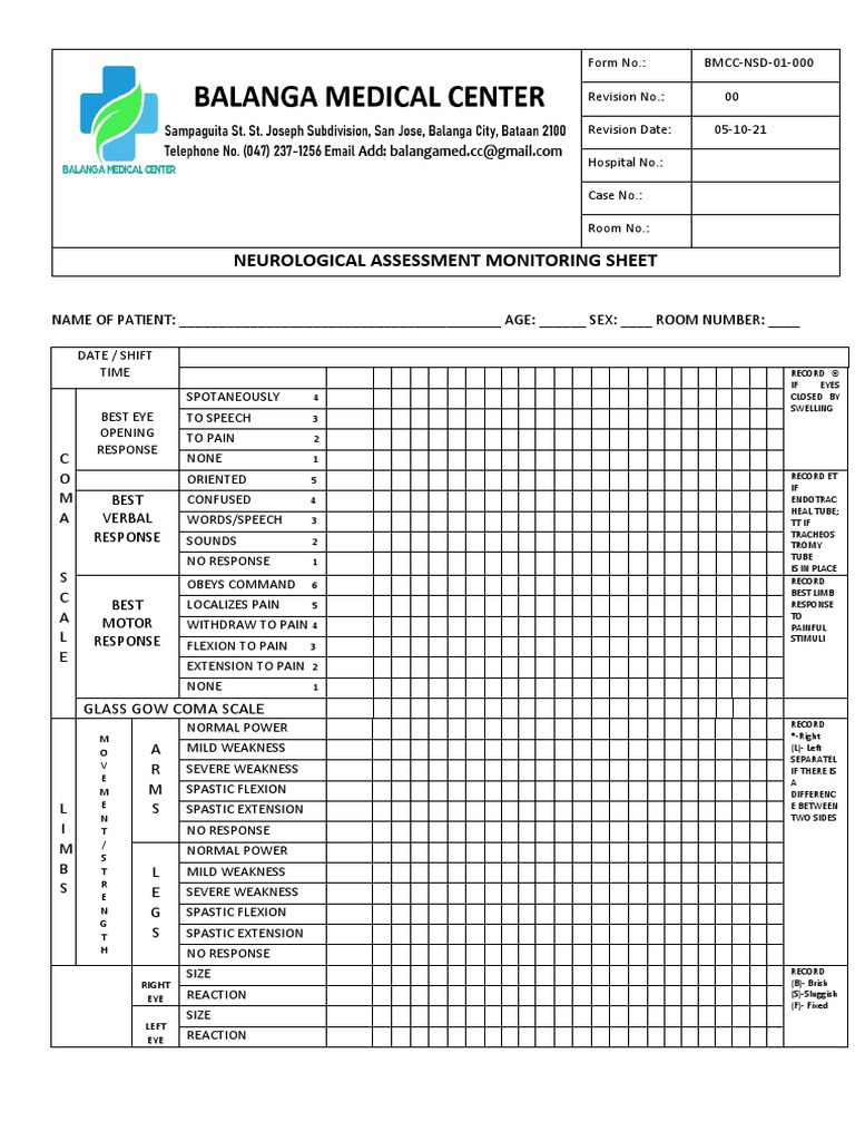Neurological Assessment Monitoring Sheet: C O M A | Download Free PDF ...