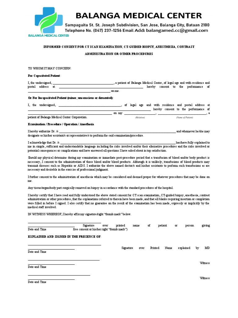 CT Scan Consent Form | PDF | Consent | Blood Transfusion