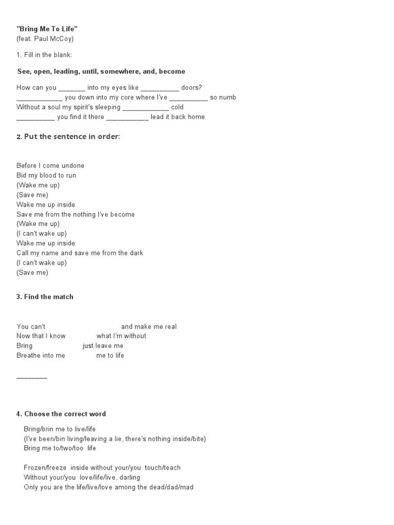 Put The Sentence in Order:: "Bring Me To Life" | PDF