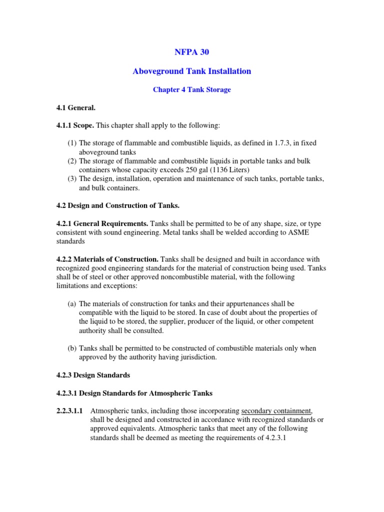 Above Ground Tank Installation - Relevant NFPA Code | PDF | Pipe (Fluid ...
