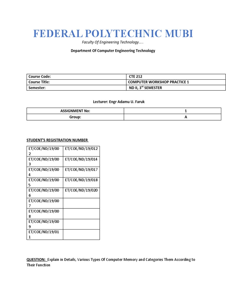 Federal Polytechnic Mubi: Faculty of Engineering Technology . | PDF