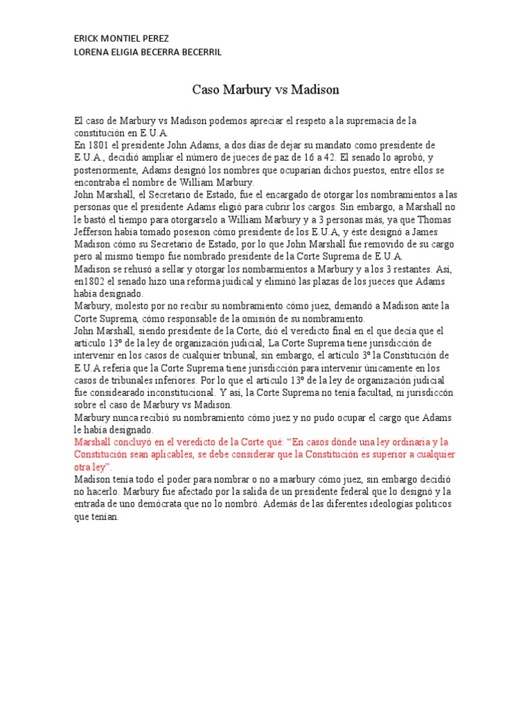 Caso Marbury Vs Madison | PDF | Marbury V. Madison | John Marshall