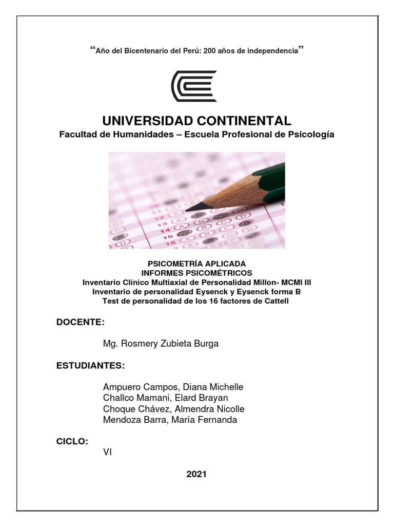 Informes Psicométricos - Eysenck, Millon Iii, Cattell | PDF | Sicología ...