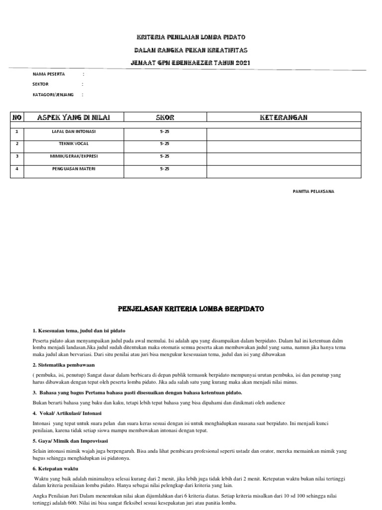 Kriteria Penilaian Lomba Pidato | PDF Kriteria Penilaian Lomba Pidato | PDF