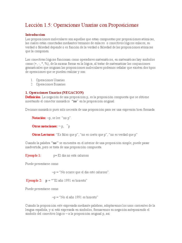 Lección 1.5 Operaciones Unarias Con Proposiciones | PDF | Proposición | Expresiones lógicas