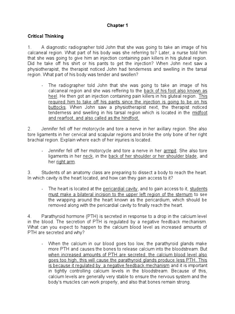 Critical Thinking Questions in Anatomy Chapter 1 | PDF | Hand ...