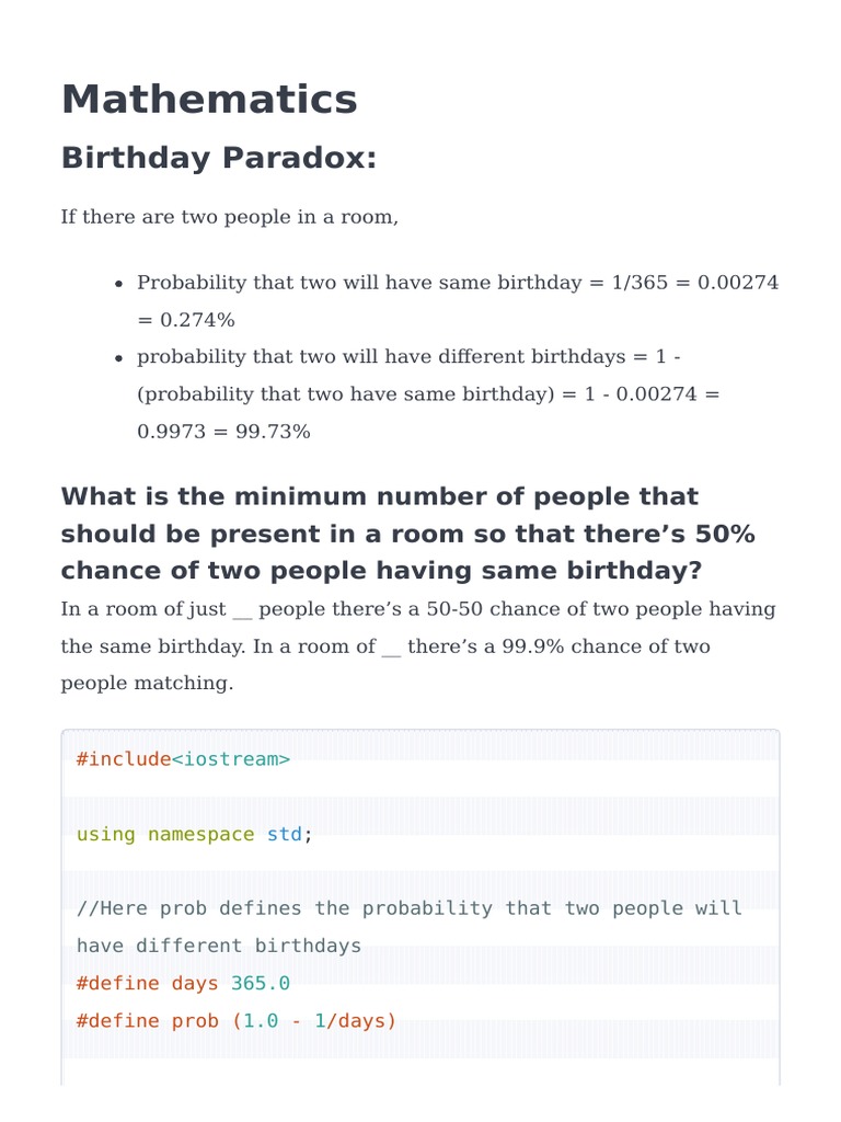 Mathematics: Birthday Paradox | PDF | Recurrence Relation | Matrix ...