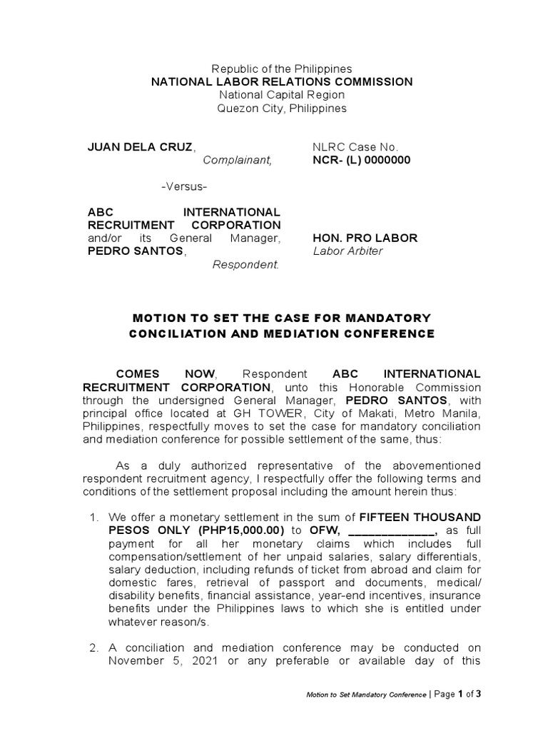 Motion To Set Pre Conference | PDF | Metro Manila | Justice