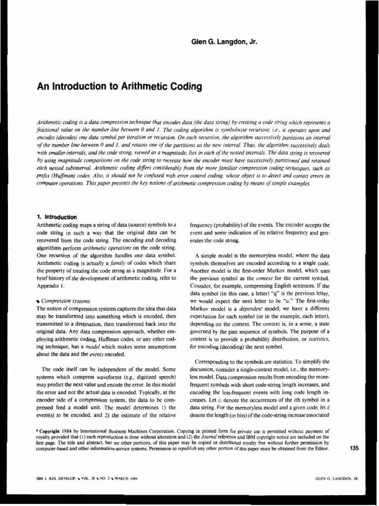 An Introduction To Arithmetic Coding: Glen G. Langdon, JR | Download Free PDF | Code | Data ...