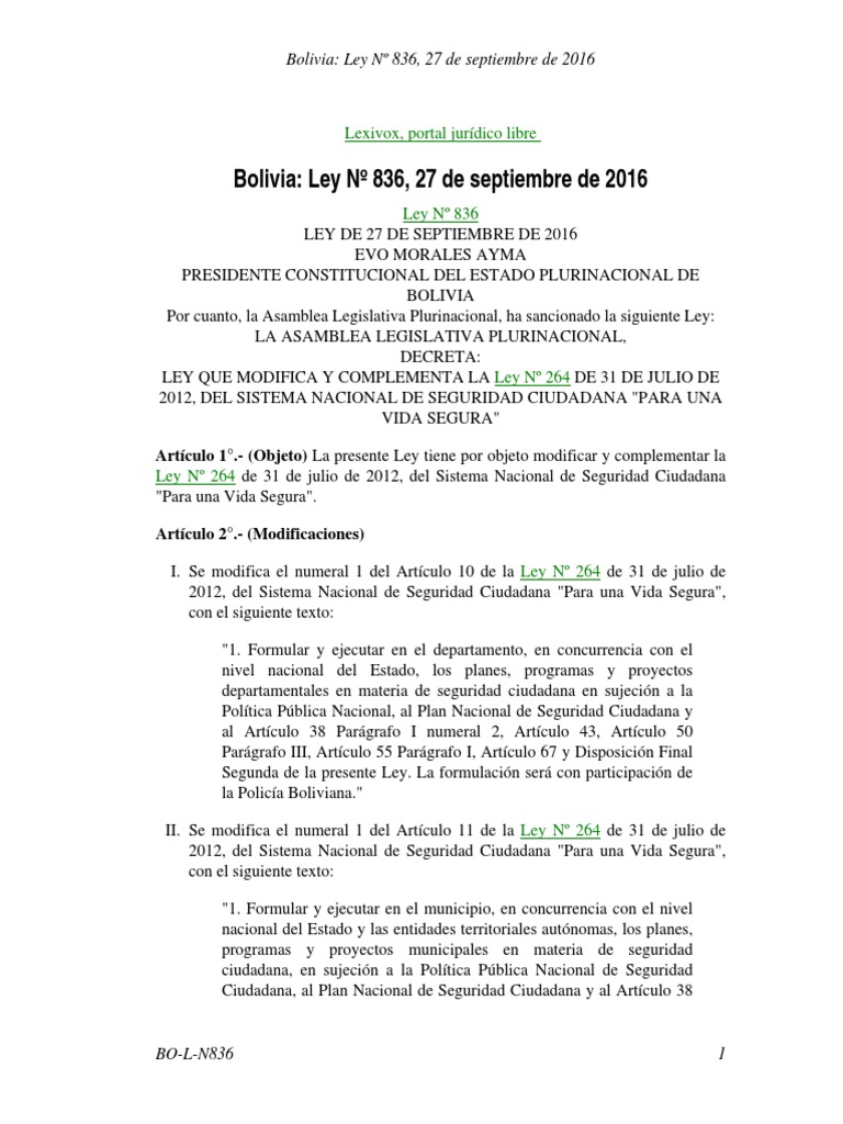 Ley 836 Modifica La Ley 264 Seguridad Ciudadana | PDF | Alcalde | Bolivia