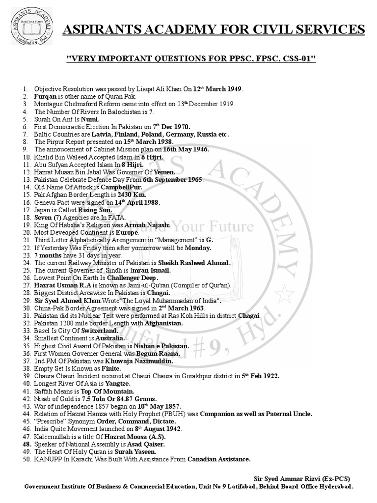 Important Questions For PPSC, FPSC, CSS Part-1,2 | PDF | Pakistan ...