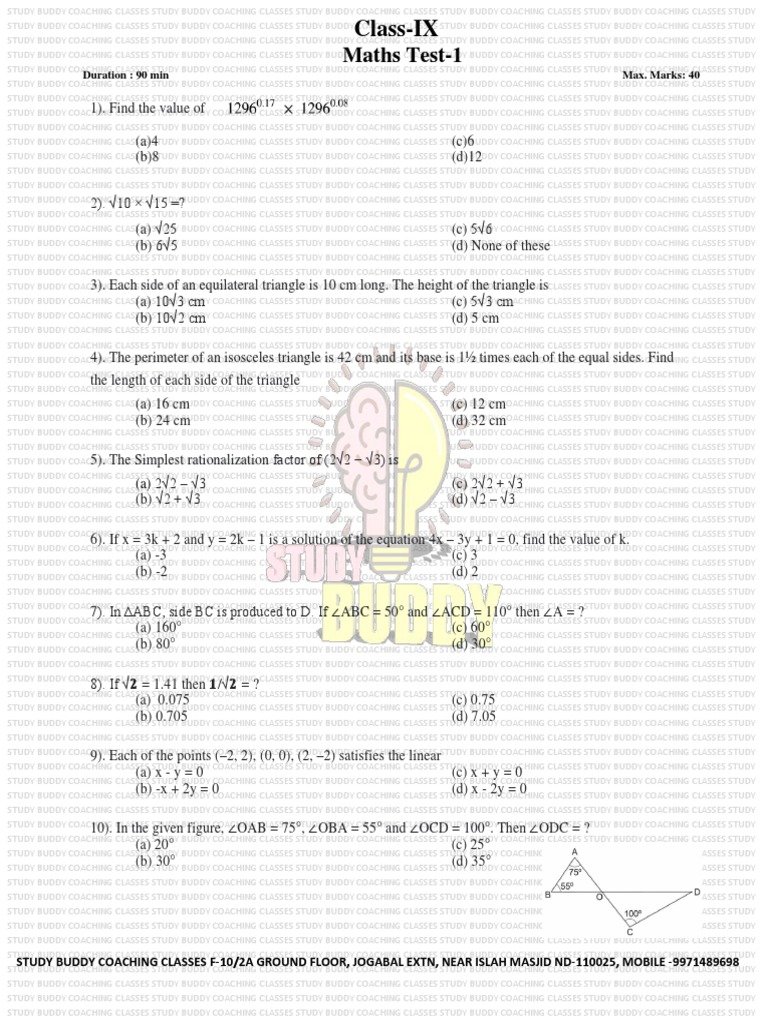 Maths Test-1: Duration: 90 Min Max. Marks: 40 | Download Free PDF ...