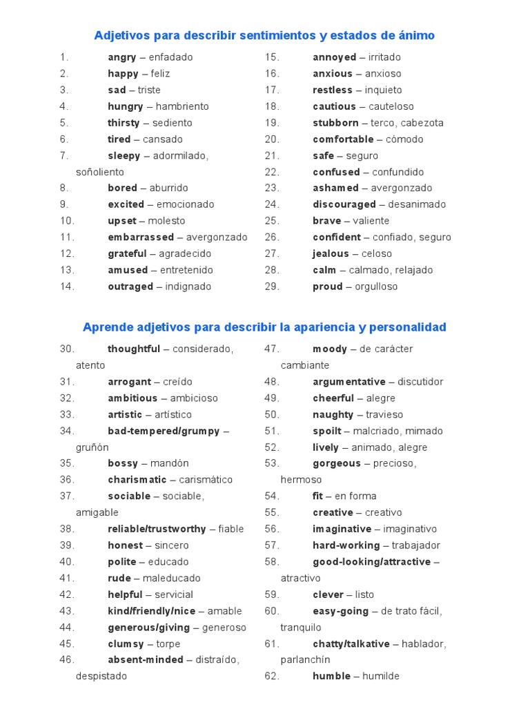 Adjetivos para Describir Sentimientos y Estados de Ánimo | PDF