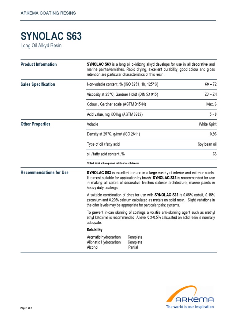 TDS - Synolac S63 | PDF | Paint | Chemical Compounds