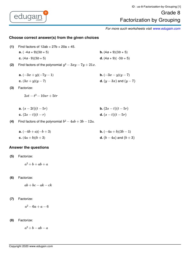 Grade 8 Factorization by Grouping: Choose Correct Answer(s) From The ...