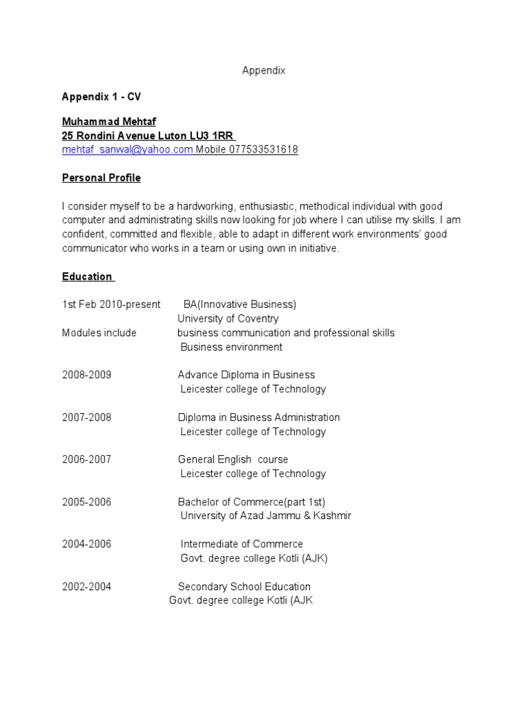 Appendix 1 - CV Muhammad Mehtaf 25 Rondini Avenue Luton LU3 1RR | PDF ...