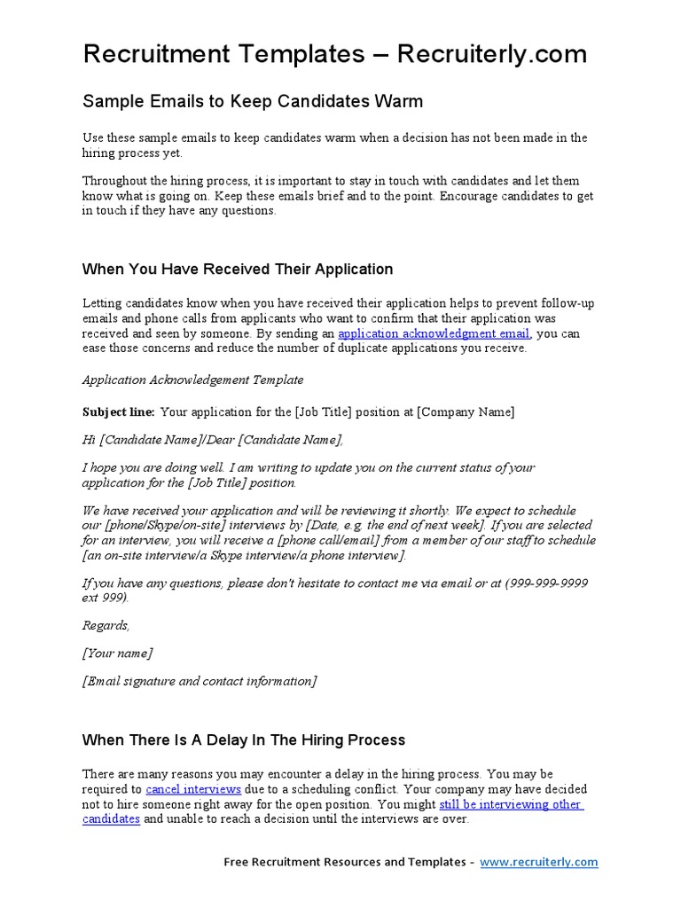 3 Sample Emails To Keep Candidates Warm | PDF | Recruitment | Job Interview