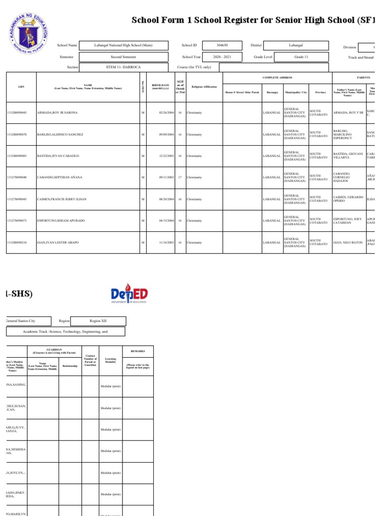 School Form 1 School Register For Senior High School (SF1-SHS) | PDF