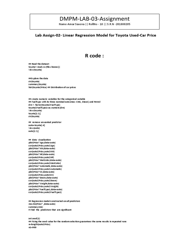 DMPM-LAB-03-Assignment: Rcode | Download Free PDF | Errors And Residuals | Coefficient Of ...