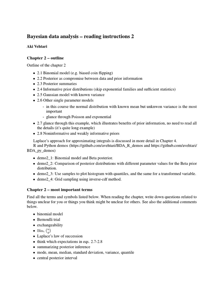 Bayesian Data Analysis - Reading Instructions 2: Chapter 2 - Outline ...