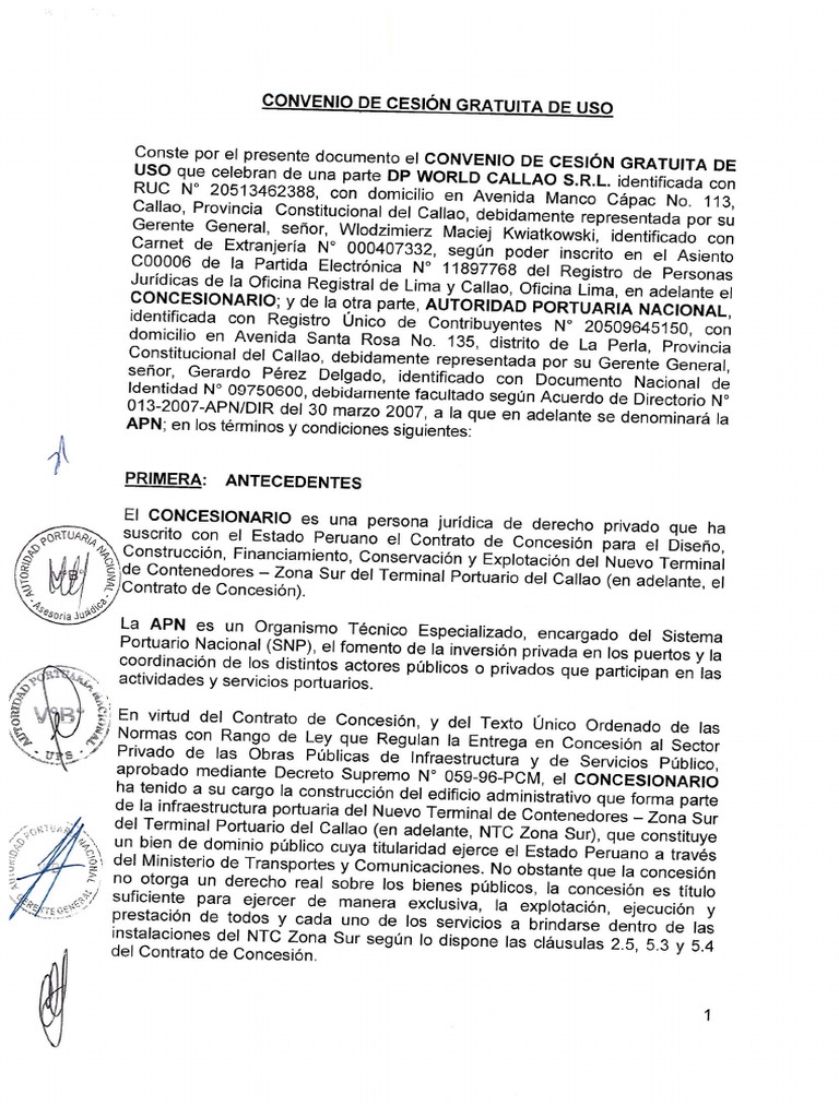 Convenio de Cesión Gratuita de Uso, Celebrado Entre APN y DP World ... Convenio de Cesión Gratuita de Uso, Celebrado Entre APN y DP World ...