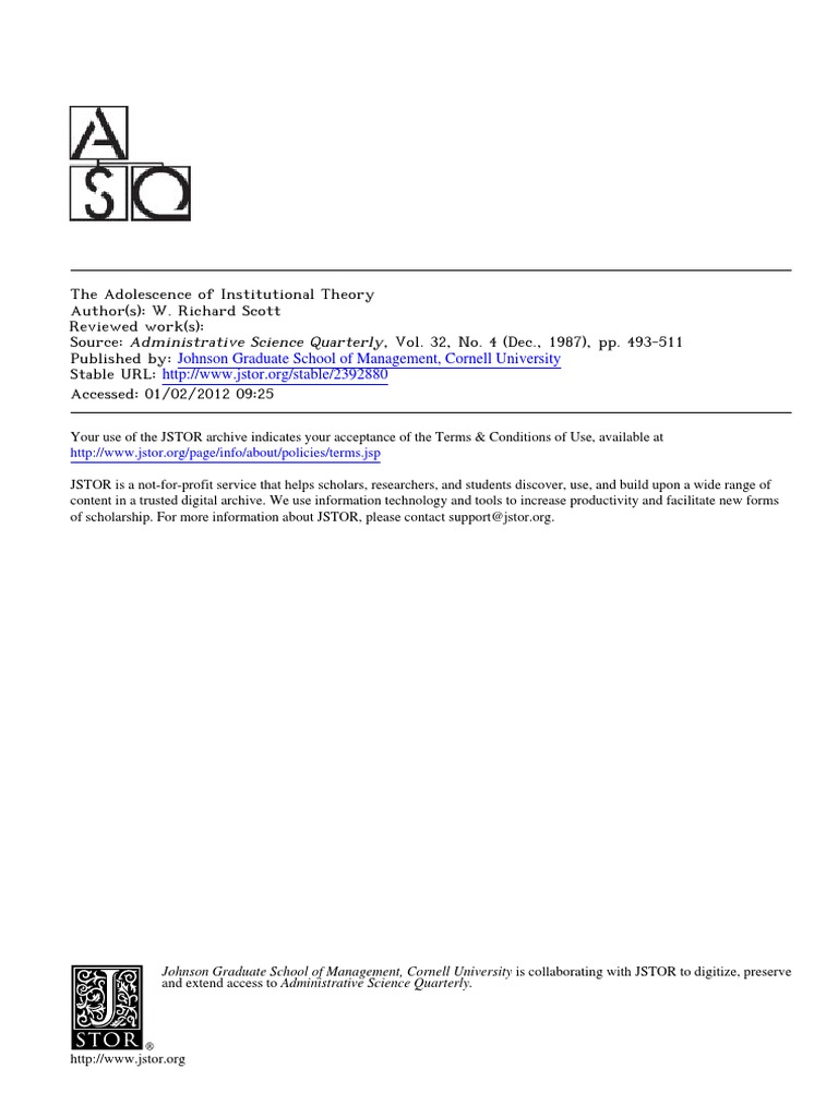 Scott 1987 The Adolescence of Institutional Theory | PDF | Institution ...